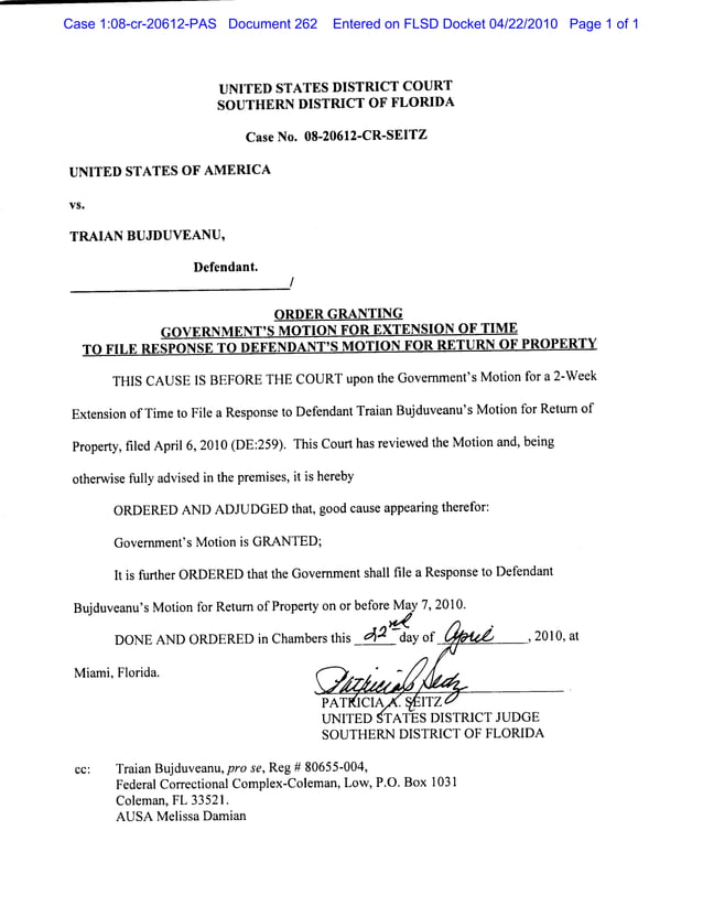 Order granting government's motion for extension of time to file response to defendant's motion ...