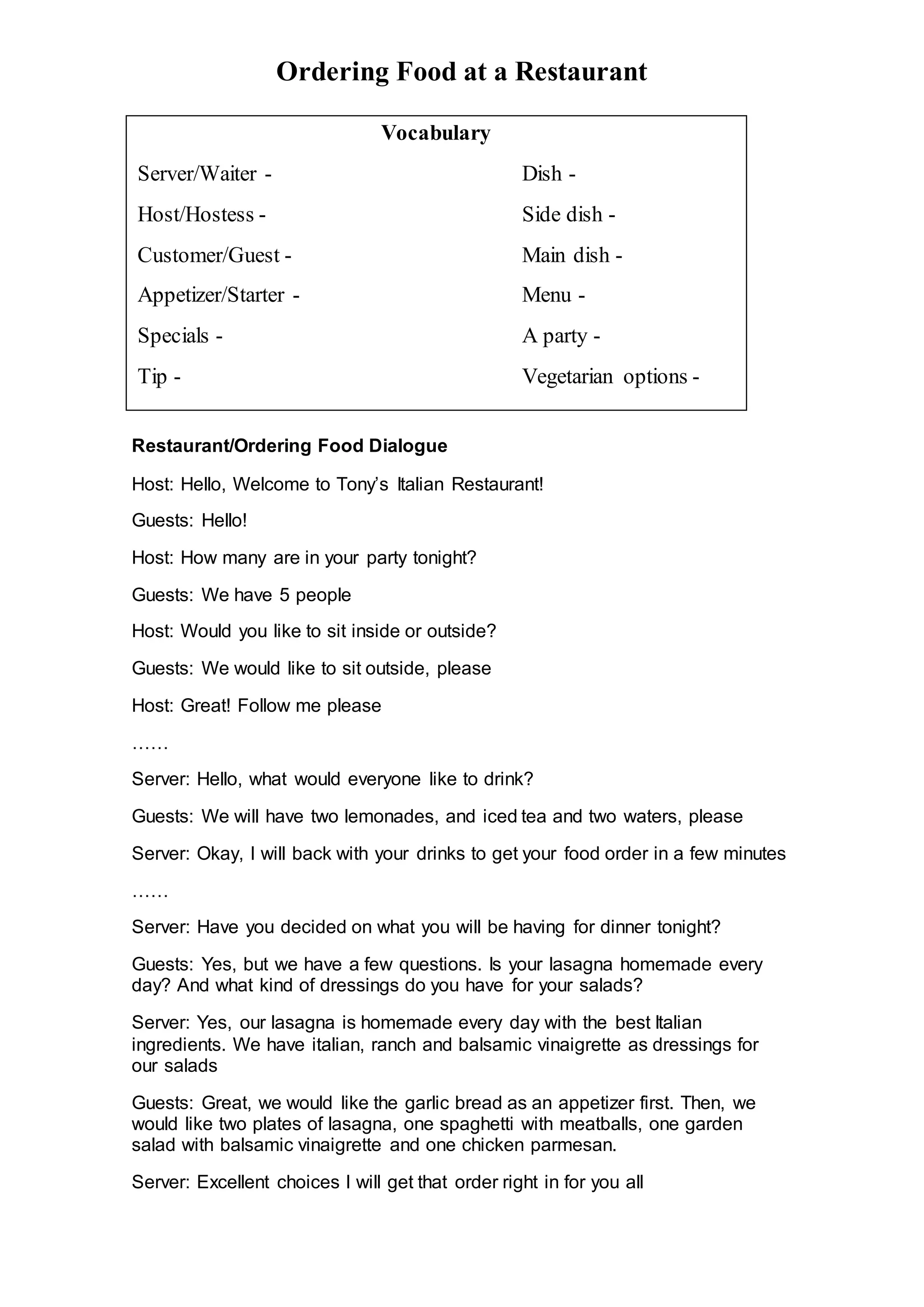 Ordering food at a restaurant | DOCX