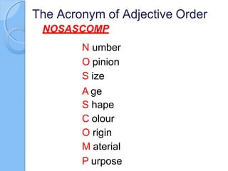 Order of adjectives | PPTX | Women\'s Outerwear | Women\'s Clothing