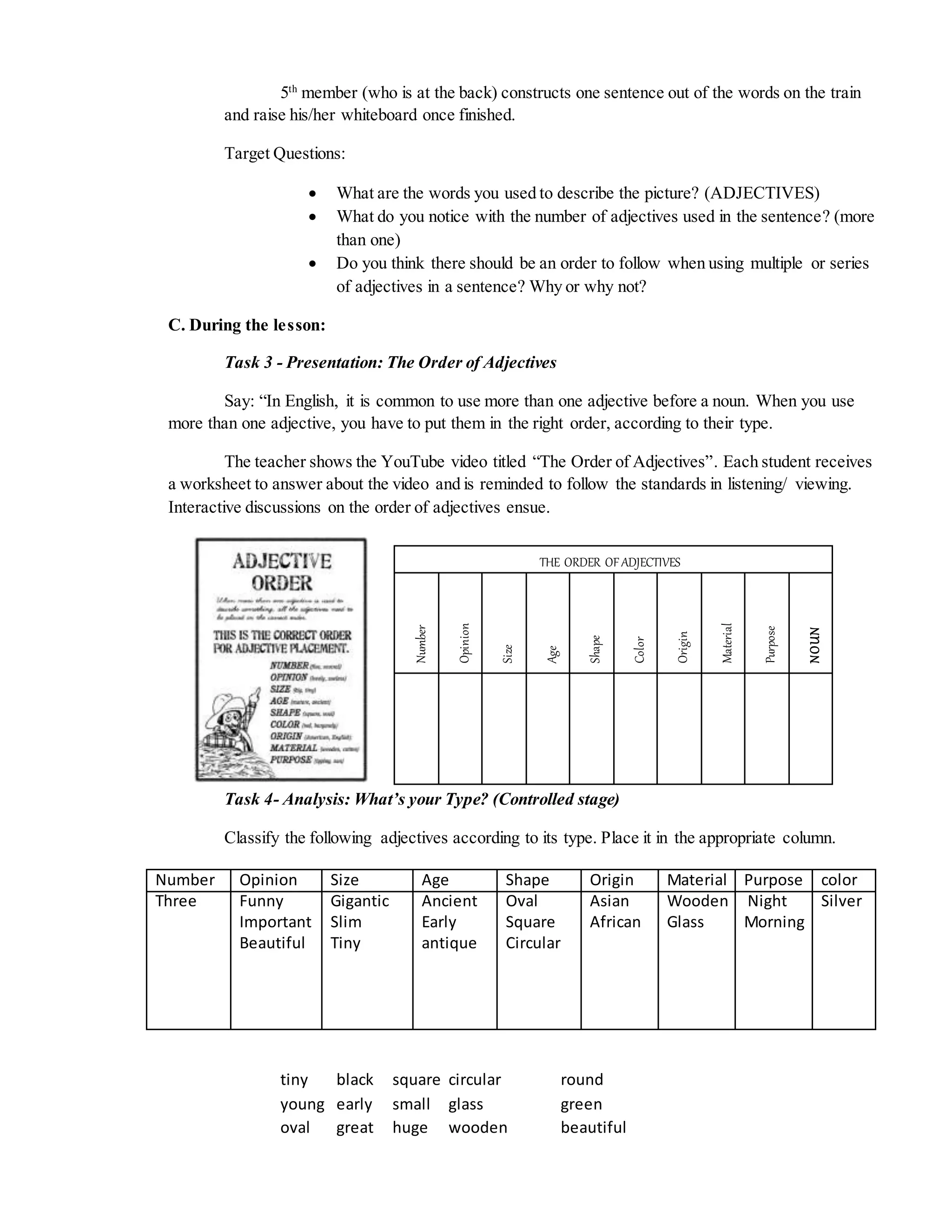 THE ORDER OF ADJECTIVES DEMONSTARTION PLAN | DOCX