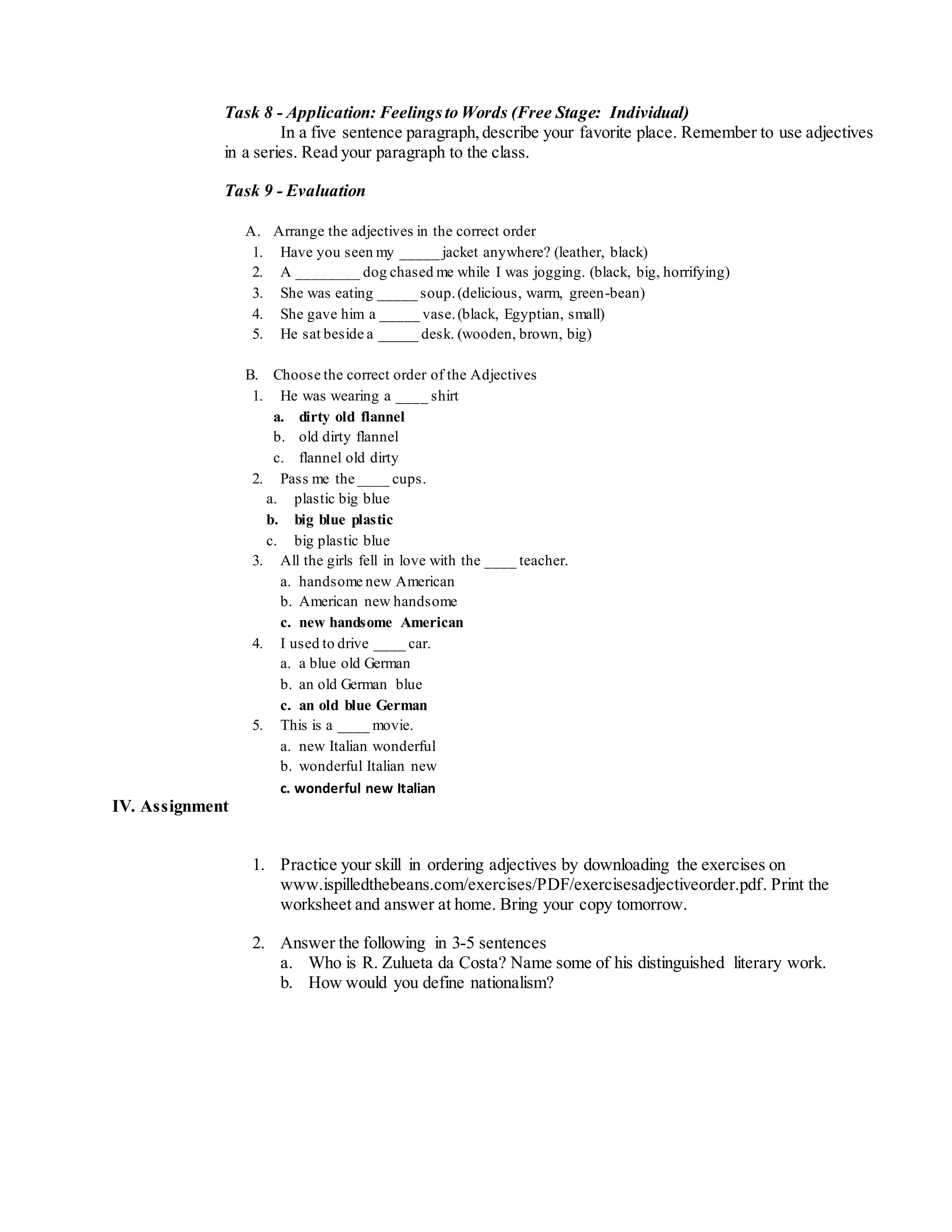 THE ORDER OF ADJECTIVES DEMONSTARTION PLAN | DOCX