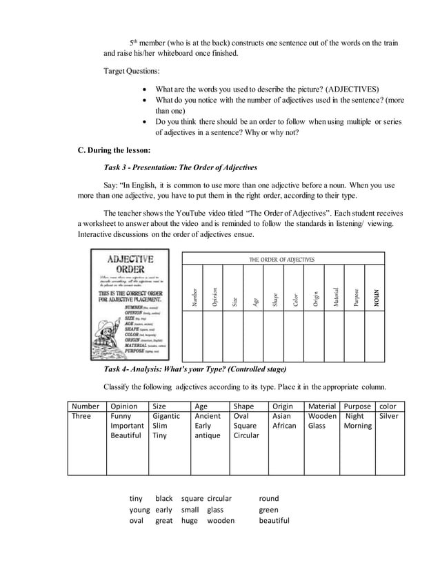 THE ORDER OF ADJECTIVES DEMONSTARTION PLAN | DOCX | Homework and Study | Education