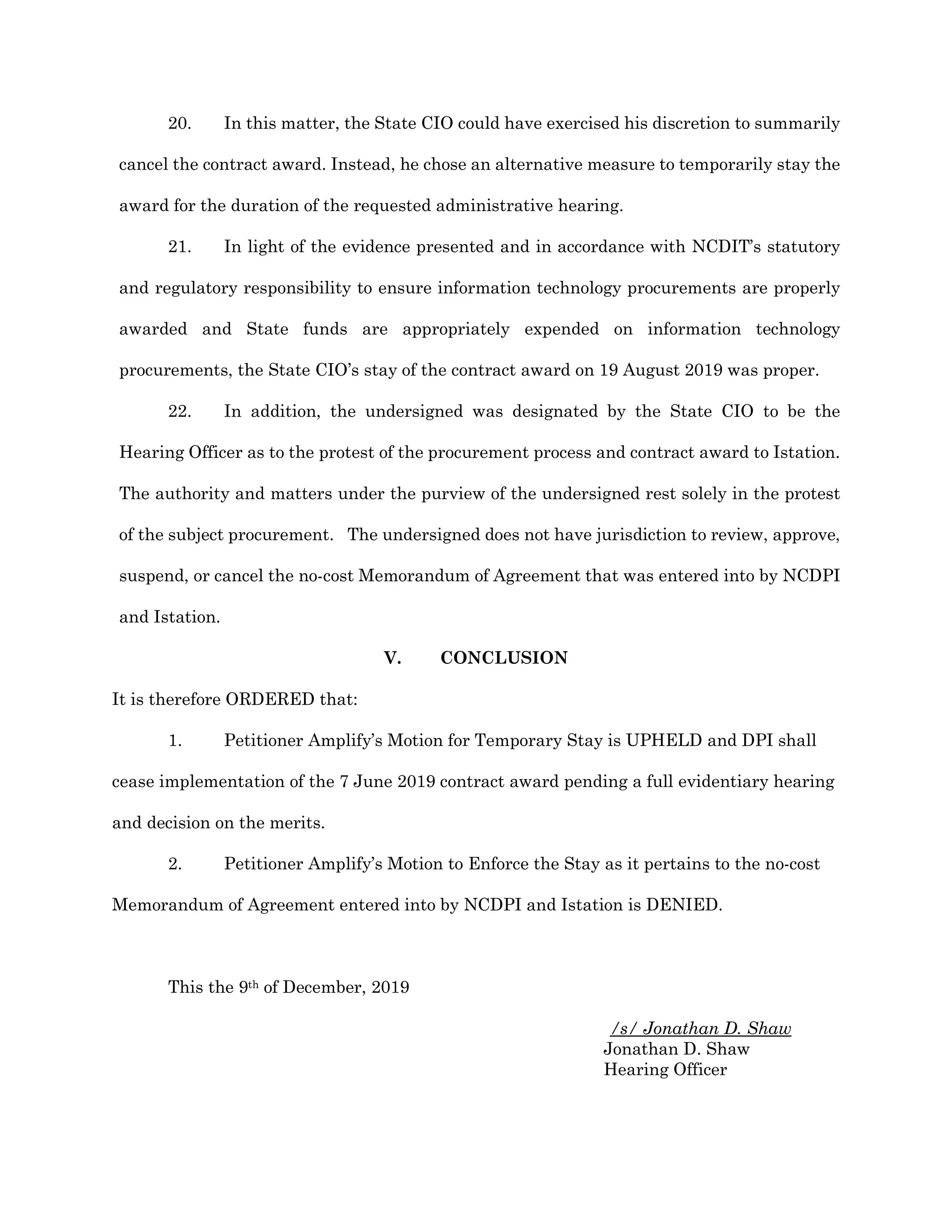 NC DIT order on motion to reconsider the stay | PDF