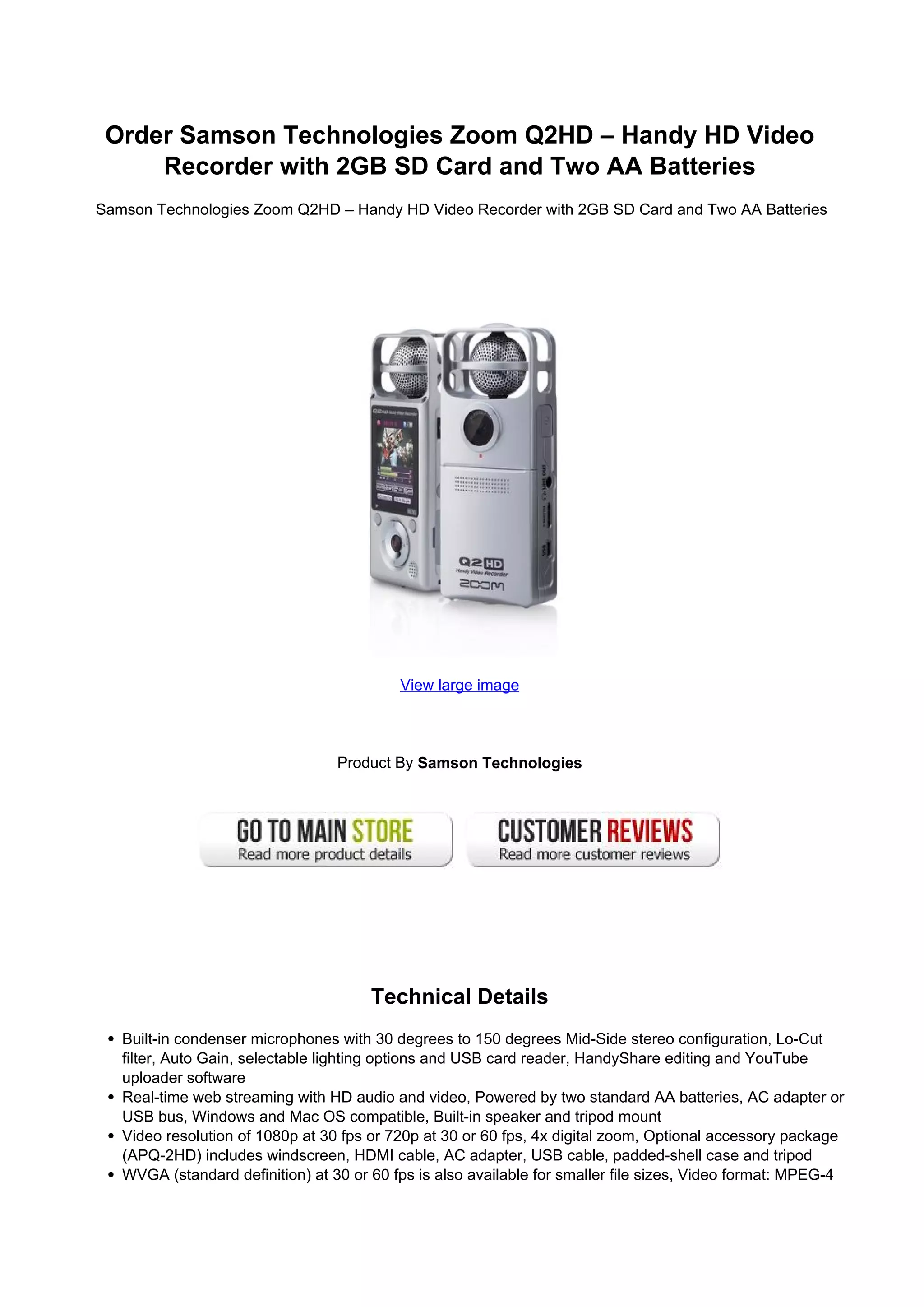 Order samson technologies zoom q2 hd handy hd video recorder with 2gb ...