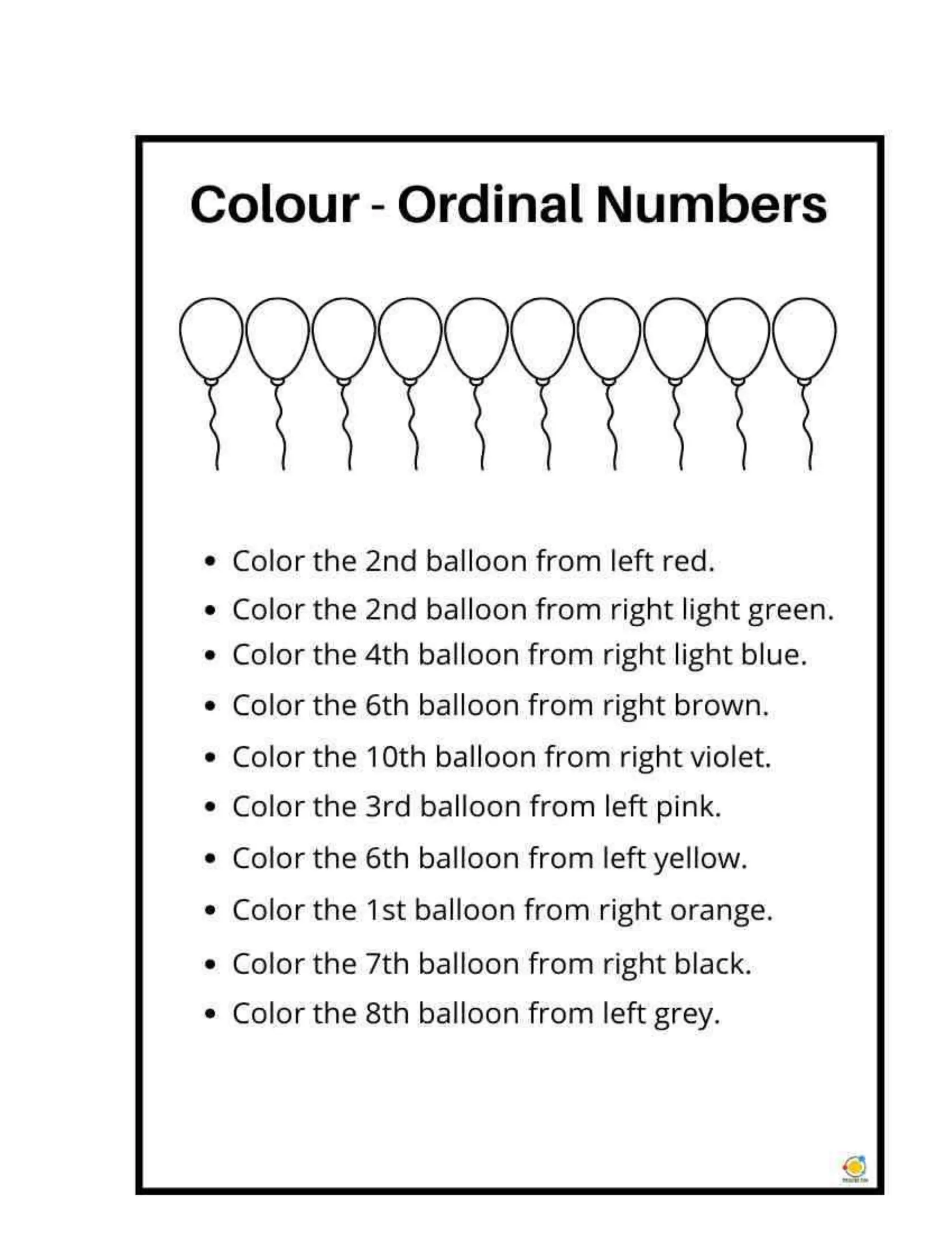 Learning ordinal numbers coloring balloons | DOCX