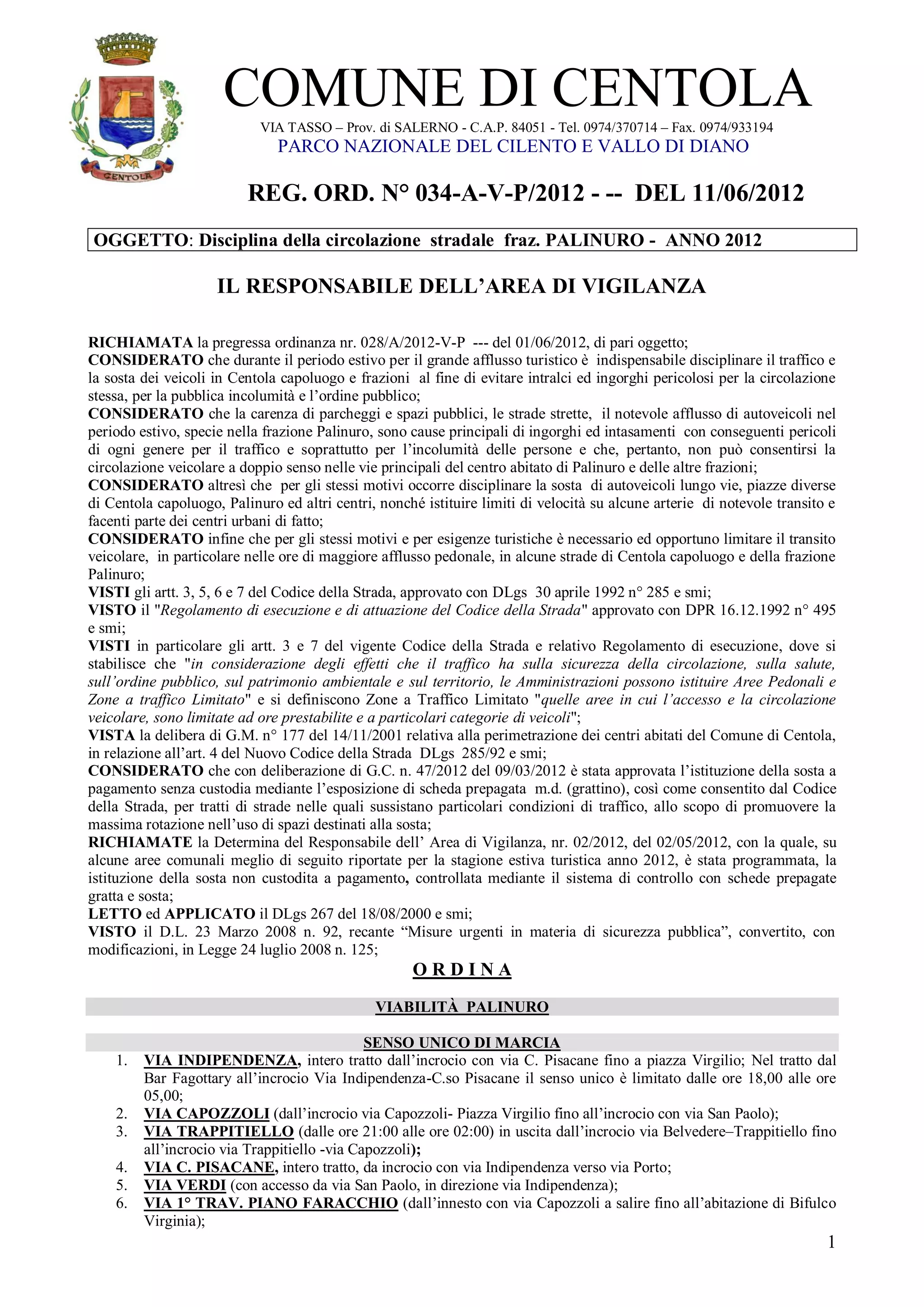 Disciplinare circolazione stradale 2012 - Comune di Centola | PDF