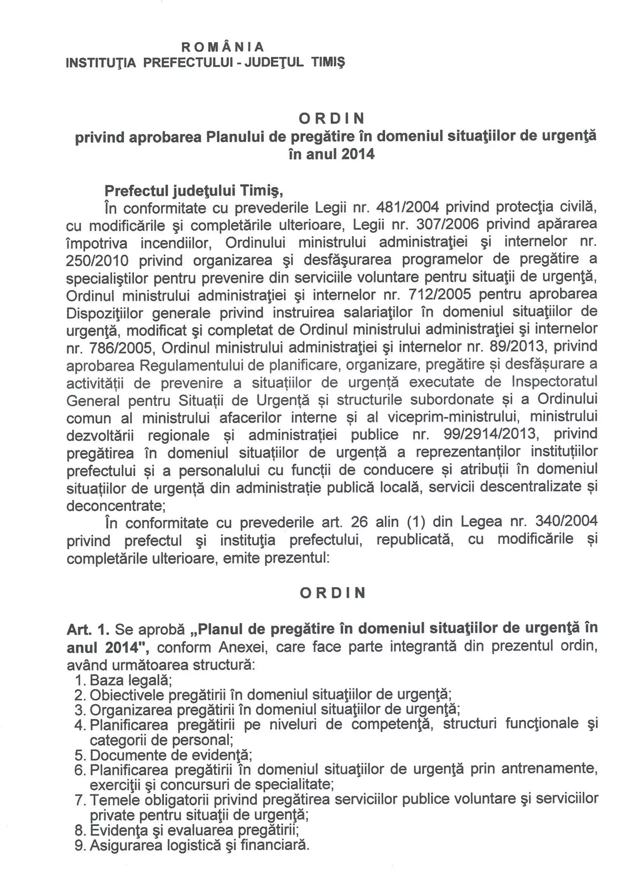Ordin prefect Jud Timis privind pregătirea in domeniul situatiilor de ...