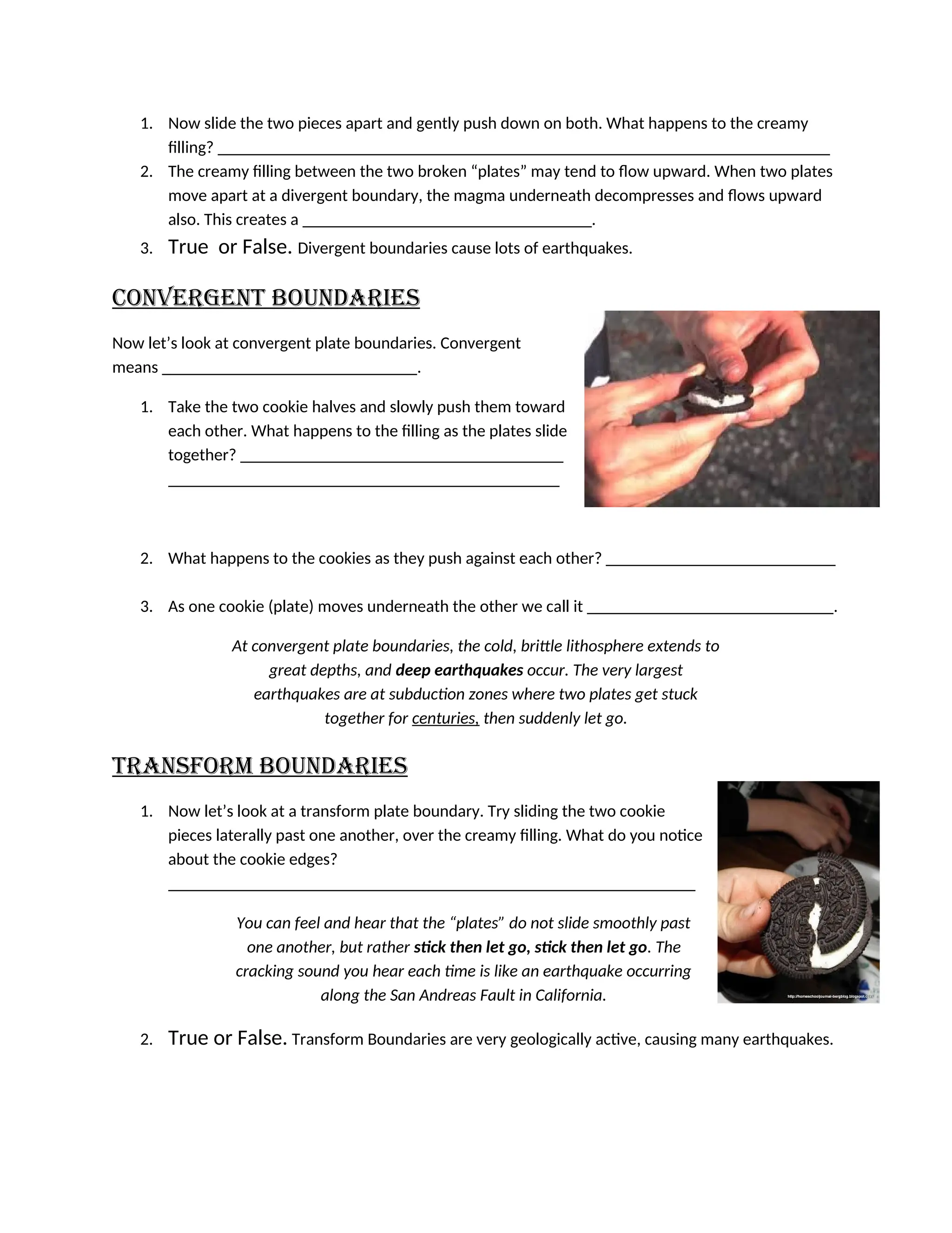 Oreo Lab and Plate Tectonics HW. grade 10 sciencedocx | DOCX