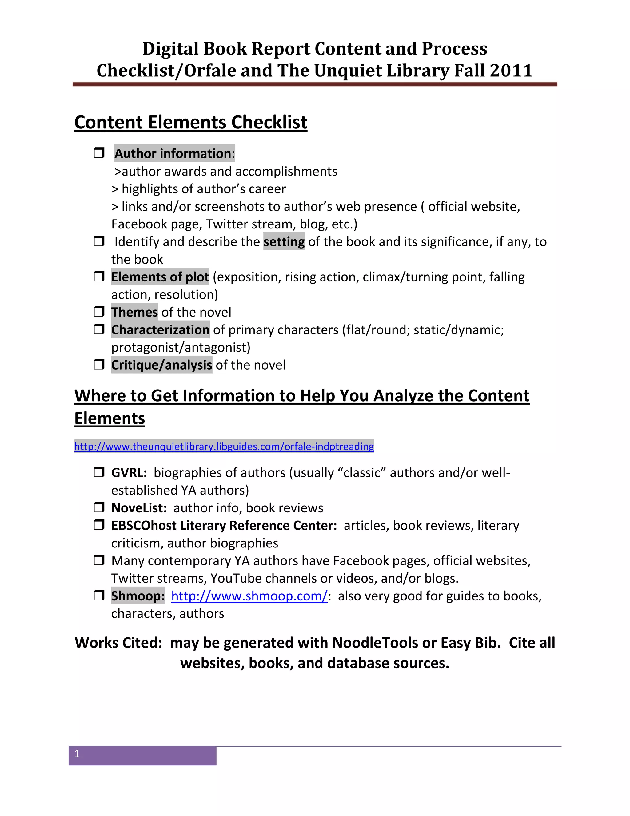 Orfale digital book report checklist august 2011 | PDF