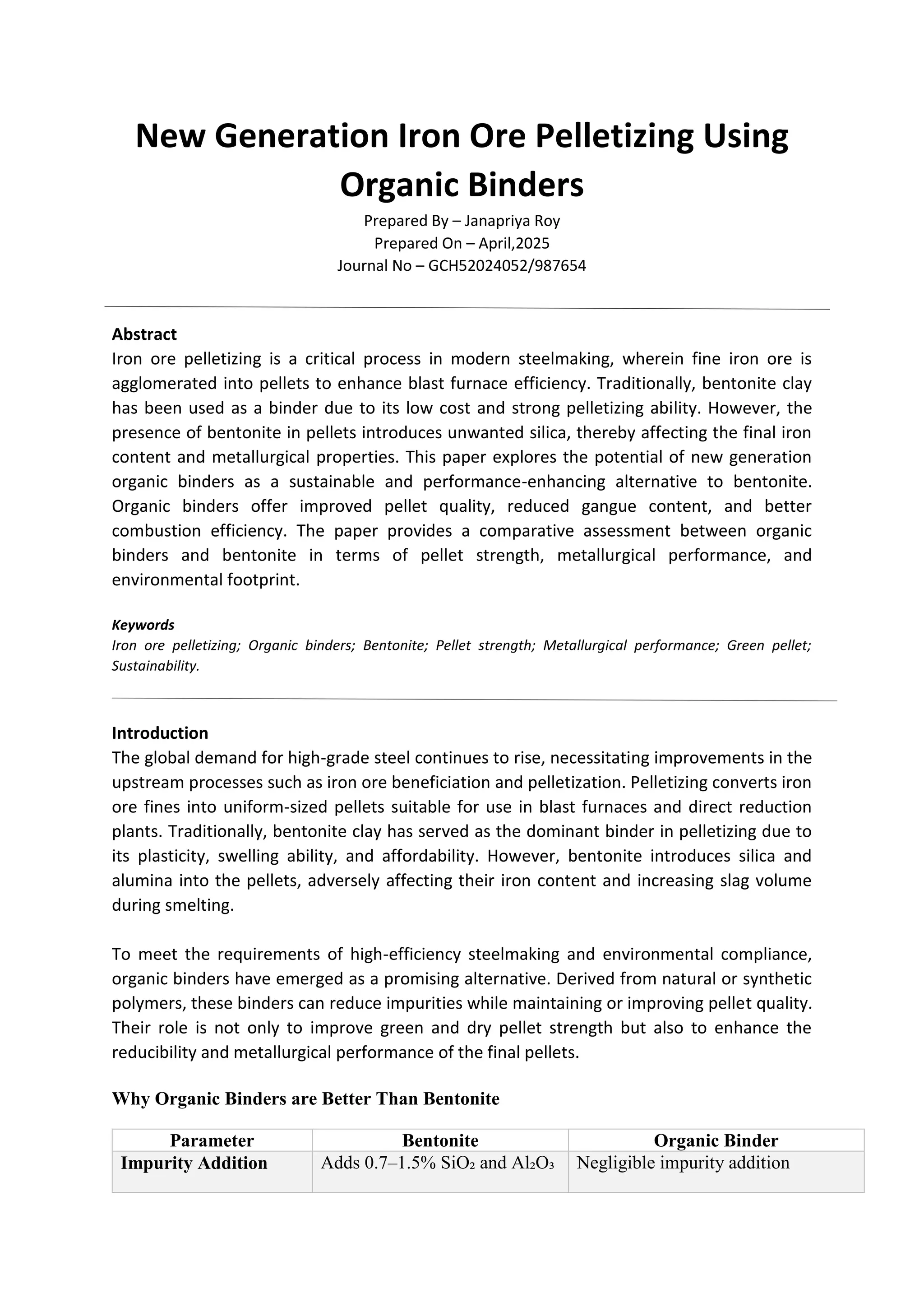 Organic Binder New Generation Iron Pelletization Aid | PDF