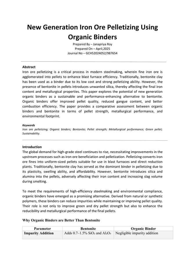 Organic Binder New Generation Iron Pelletization Aid | PDF