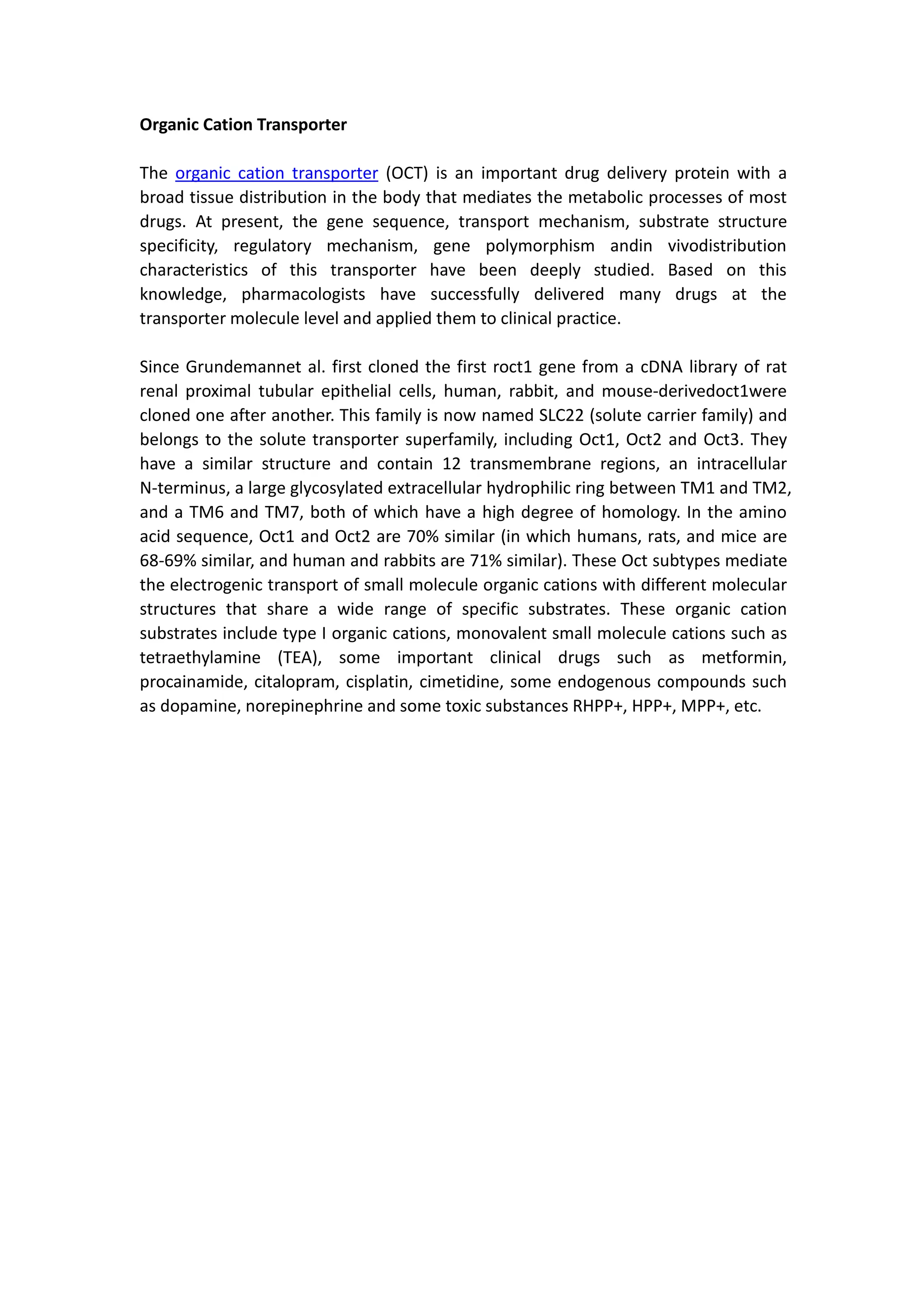Organic cation transporter | PDF