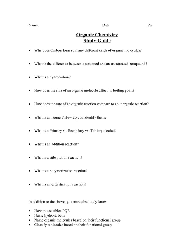 Chemistry - Chapter 21 - Organic Chemistry - Study Guide | DOC
