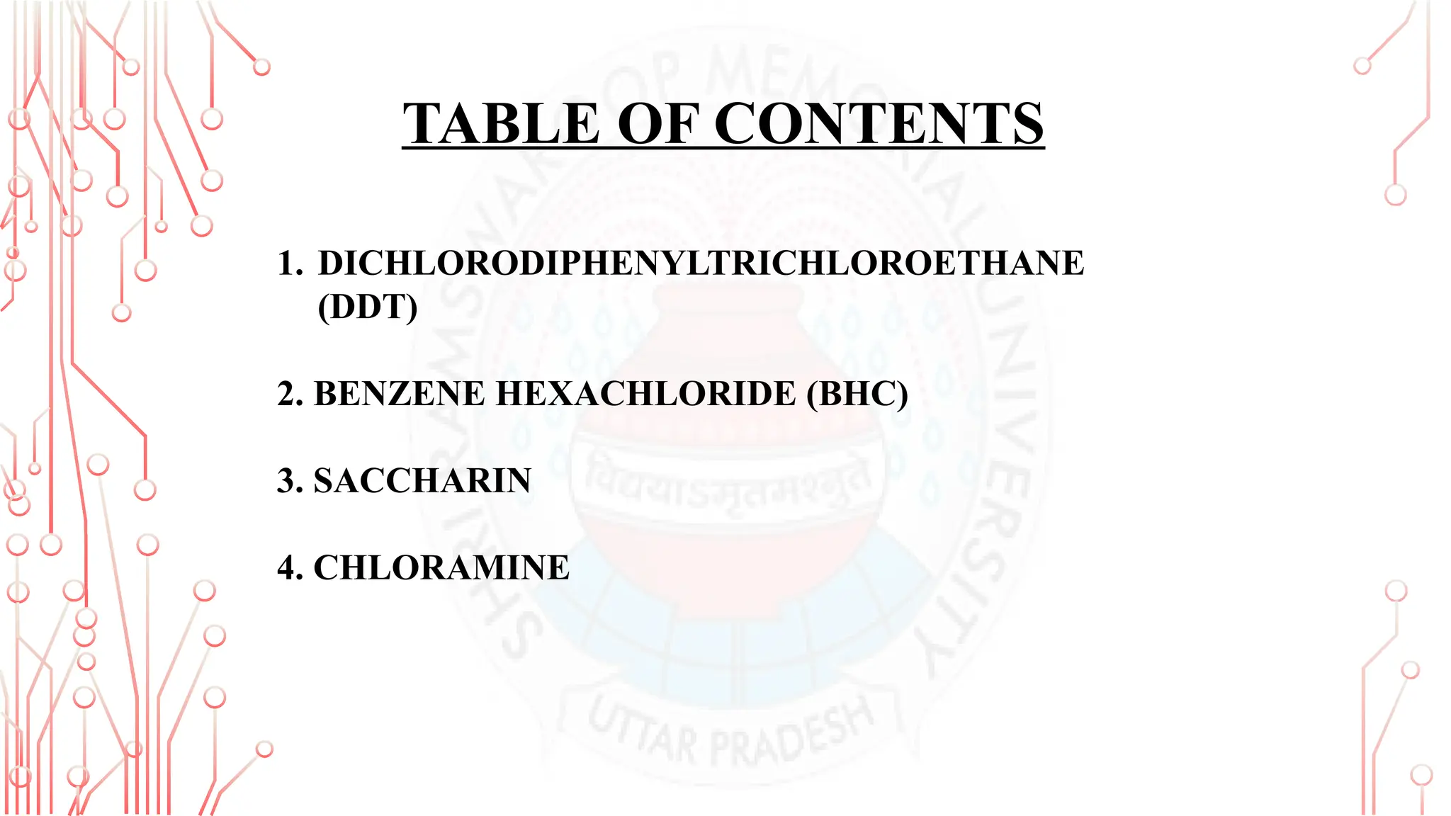 STRUCTURE, APPLICATION AND USES OF DDT, BHC,SACCHARINE, AND CHLORAMINE.pptx