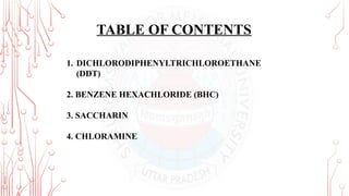 STRUCTURE, APPLICATION AND USES OF DDT, BHC,SACCHARINE, AND CHLORAMINE.pptx