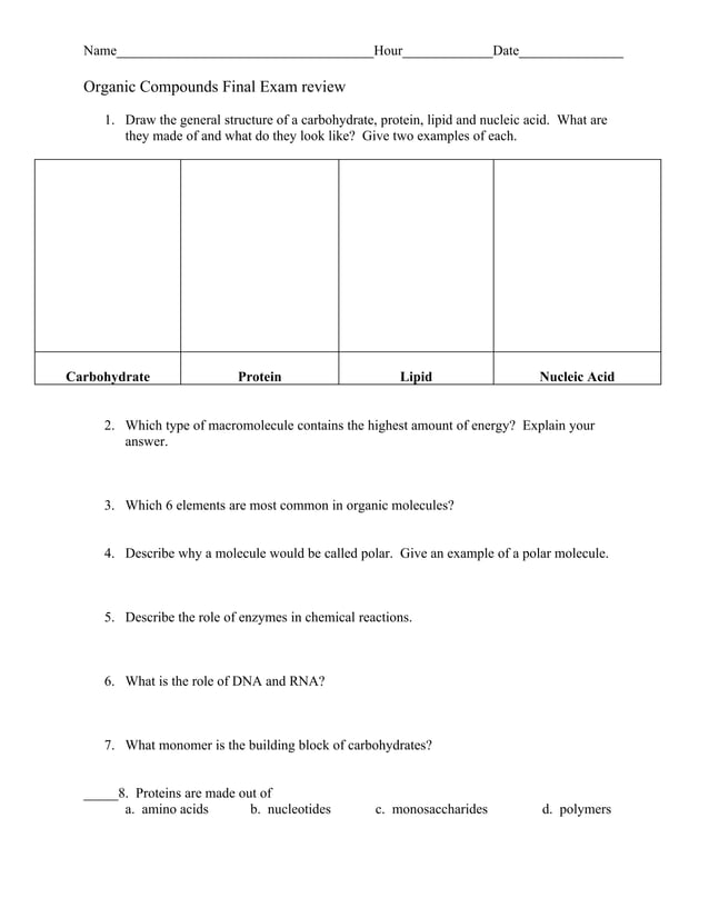 Organic Compounds Final Exam Review | DOC | Chemistry | Science