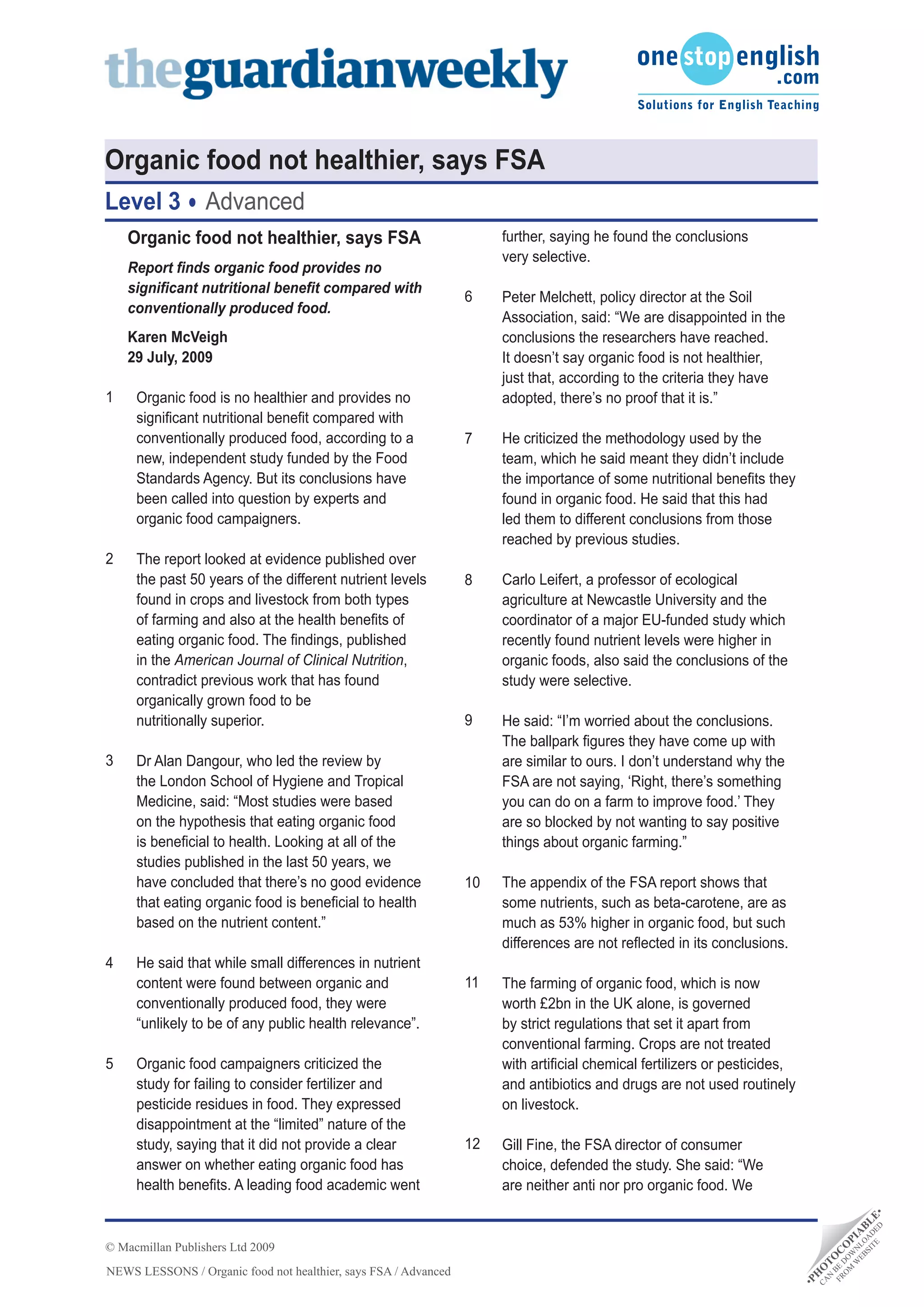 Organic food not healthier, says fsa | PDF