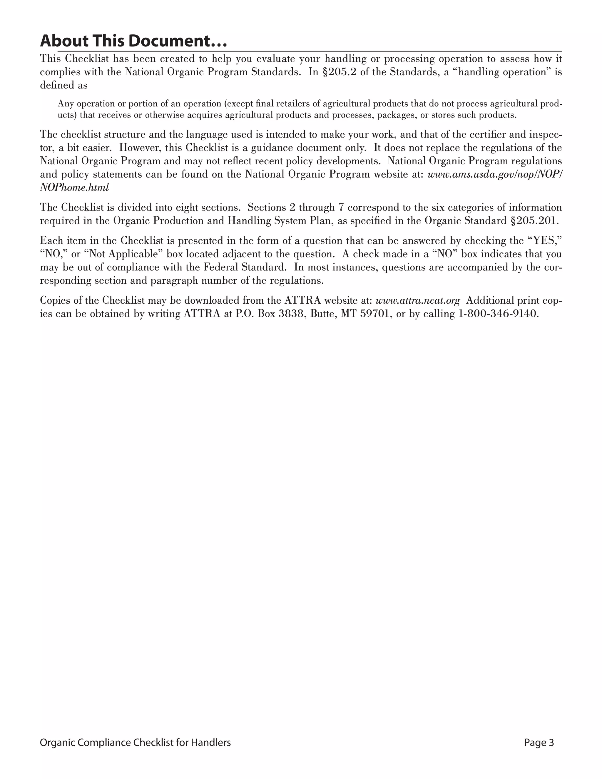 National Organic Program Compliance Checklist for Handlers | PDF