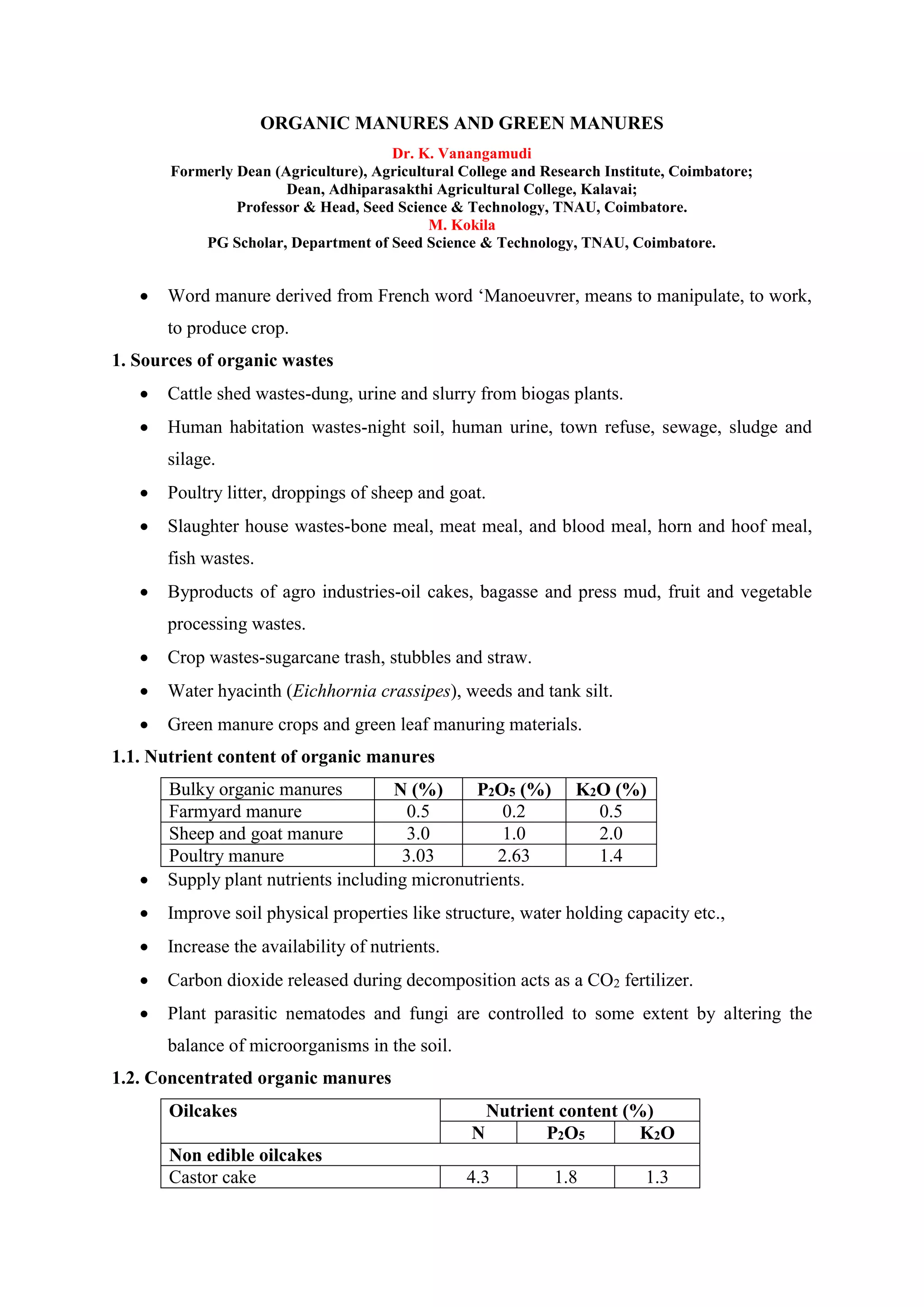 ORGANIC MANURES AND GREEN MANURES | PDF
