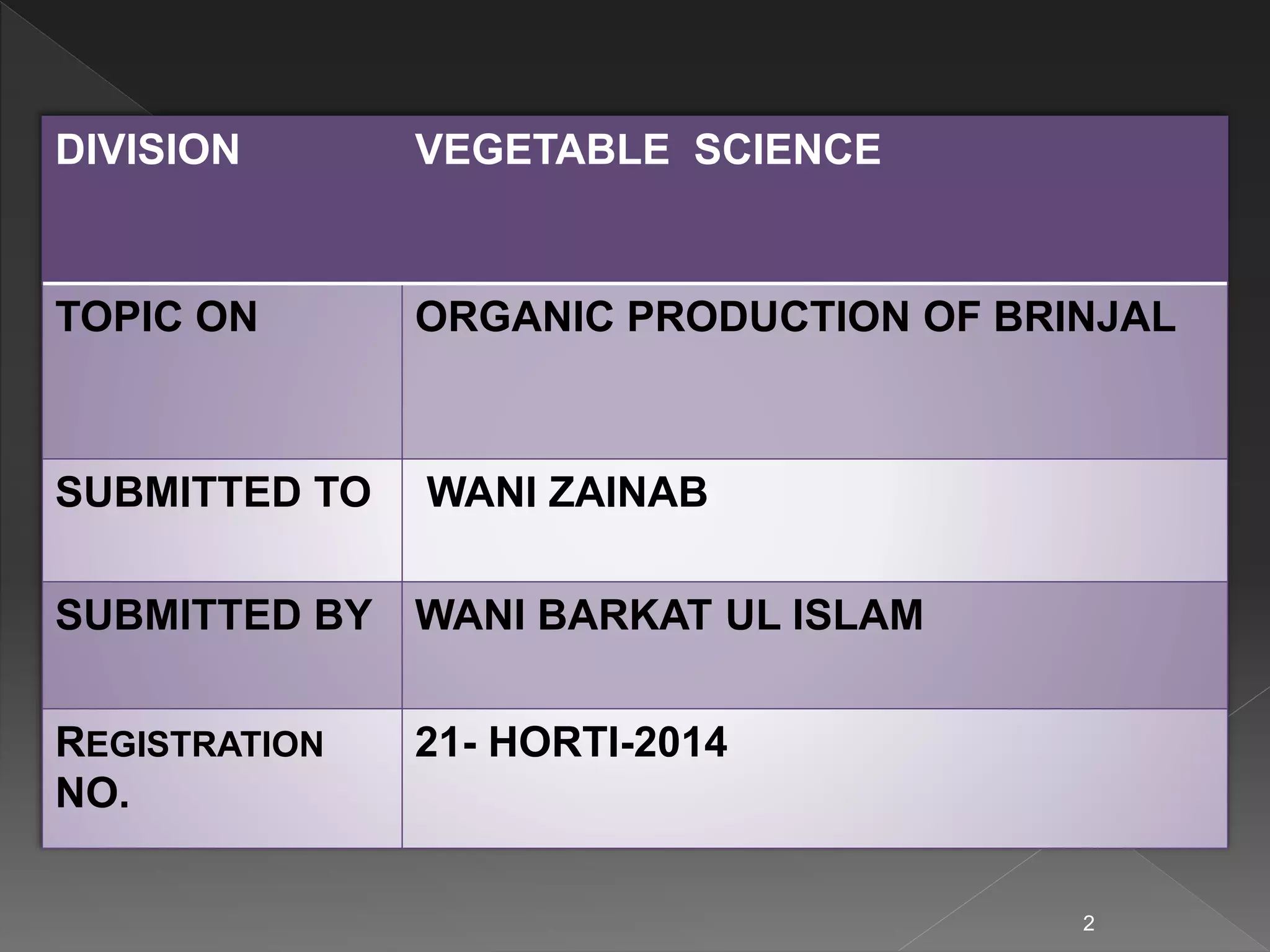 Organic production of brinjal | PPTX