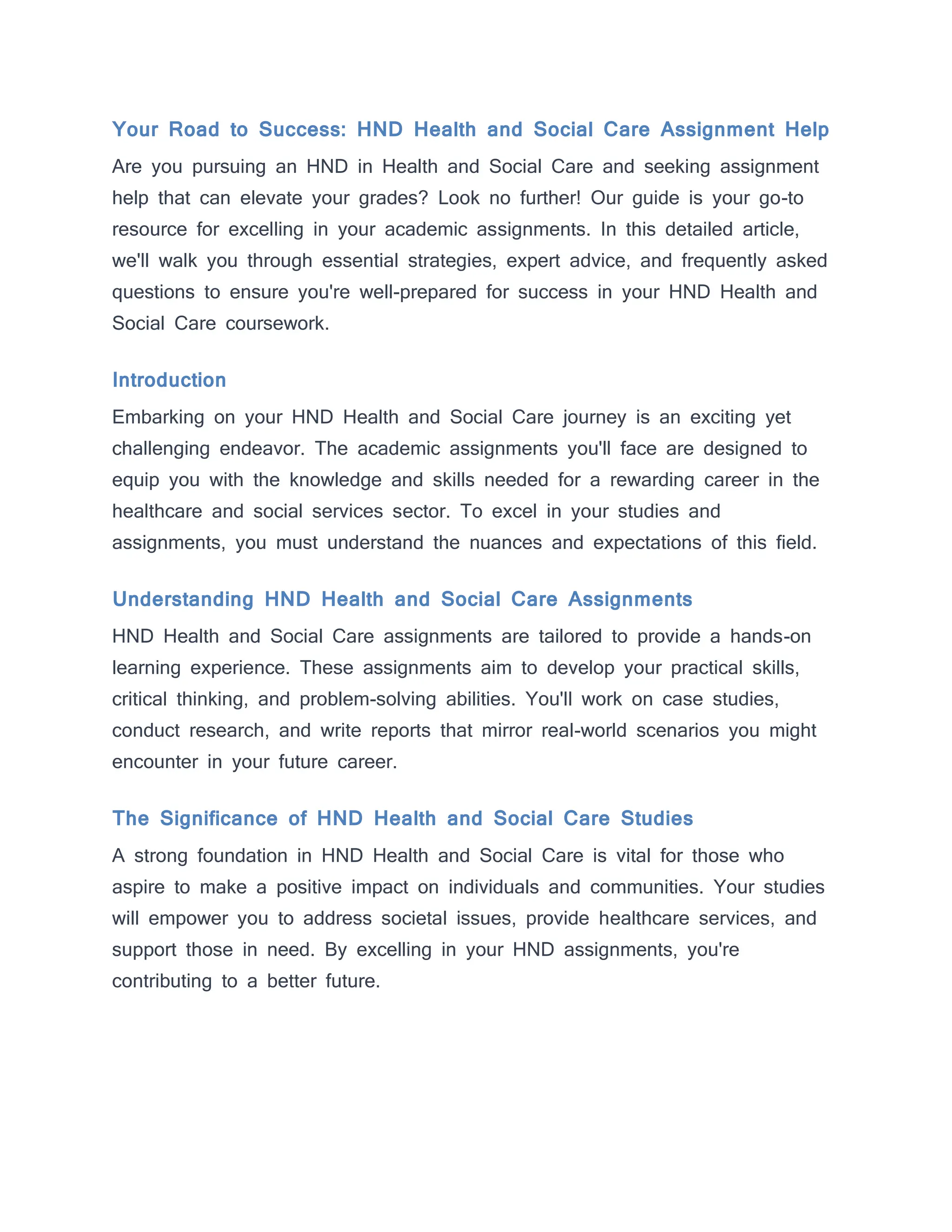 HND Health and Social Care Assignment Help | PDF