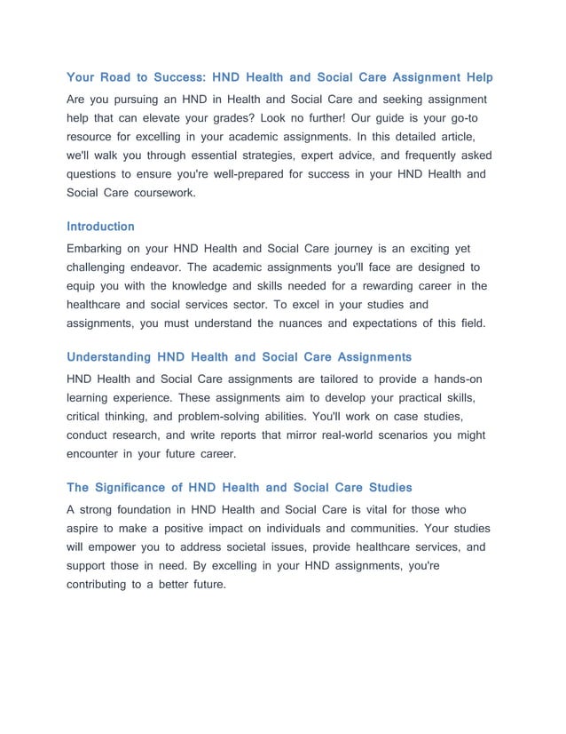 HND Health and Social Care Assignment Help | PDF