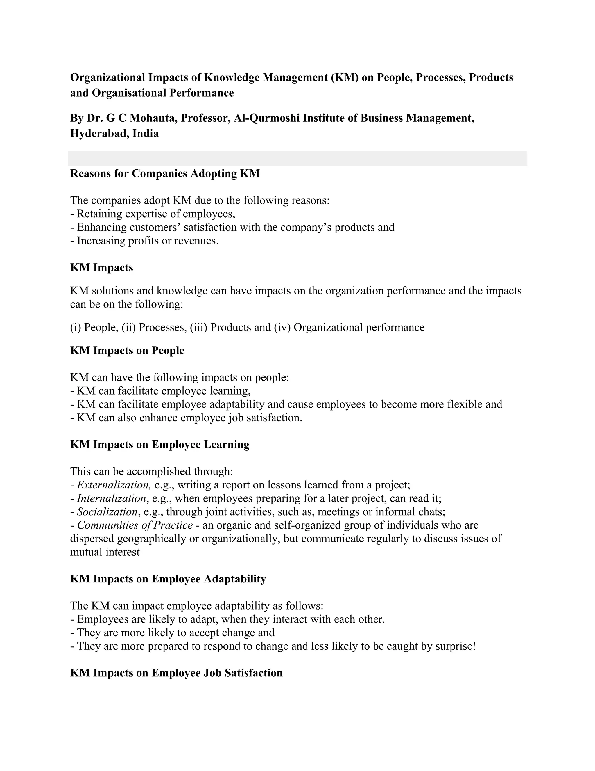 Organisational impacts of Knowledge Management on People, Processes ...