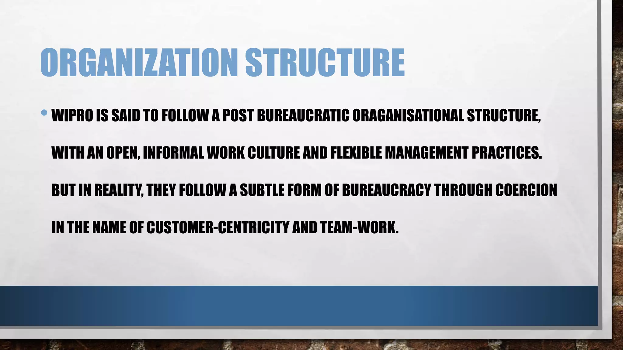 Organisation structure, culture and strategies of wipro | PPTX