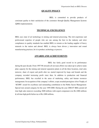Organisation Study - Indian Rare Earths Limited | PDF