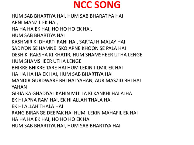Organisation, training and ncc song | PPTX | World/International Music ...