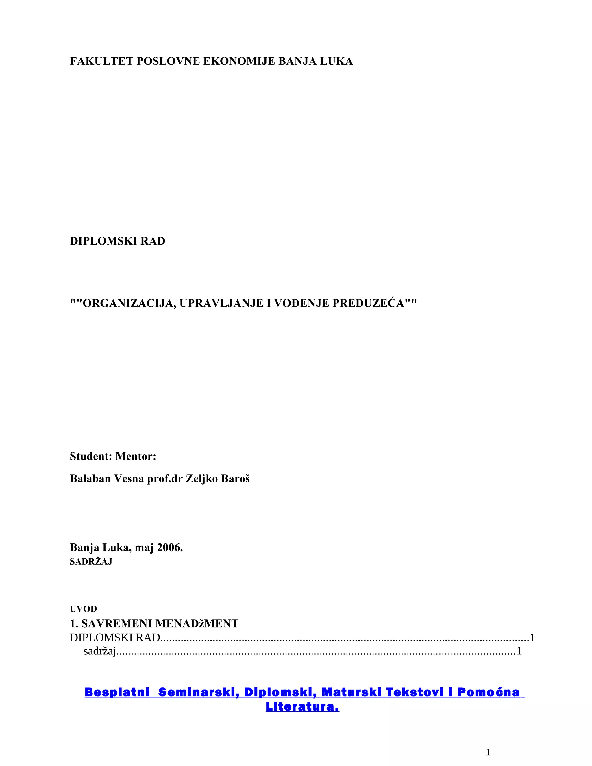 Organizacija, upravljanje i vodjenje preduzeca | DOC