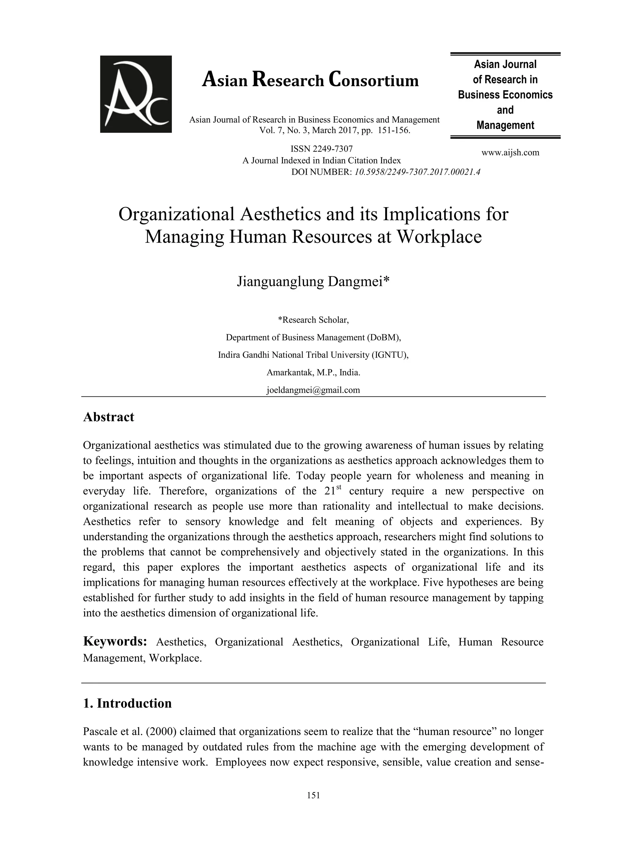 Organizational aesthetics and its implications for managing human ...