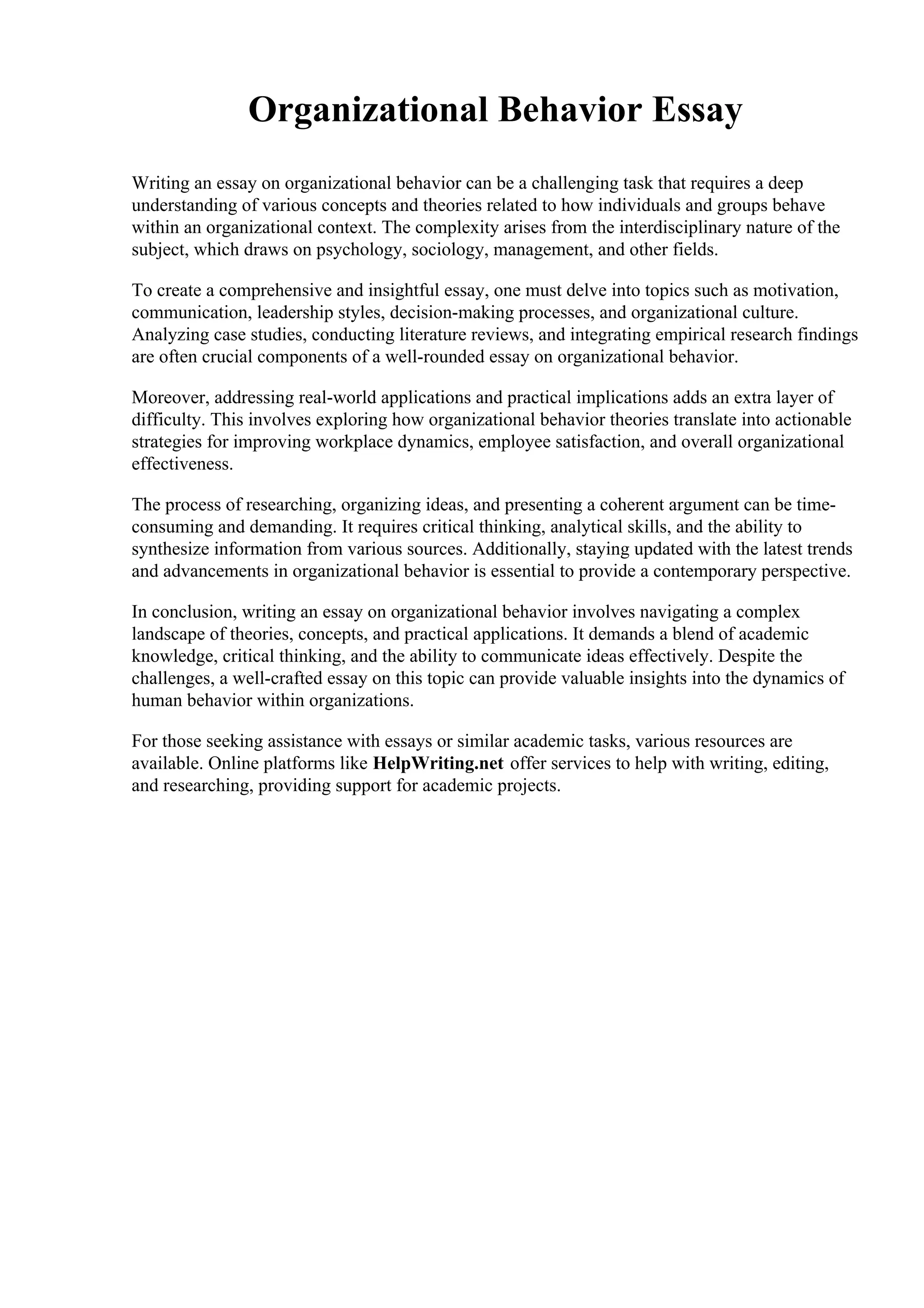 Organizational Behavior Essay. Tufts University | PDF