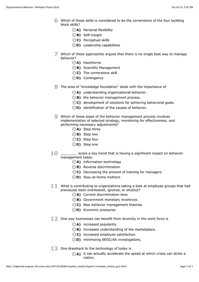 Organizational behavior | multiple choice quiz | PDF | Business ...
