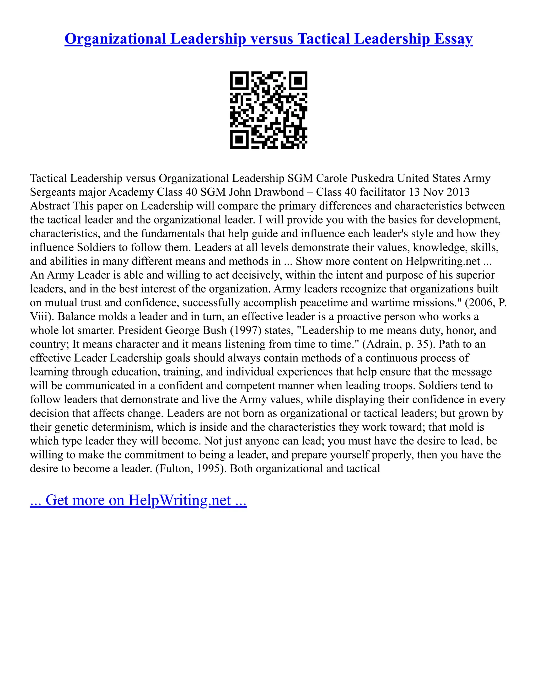 Organizational Leadership Versus Tactical Leadership Essay | PDF