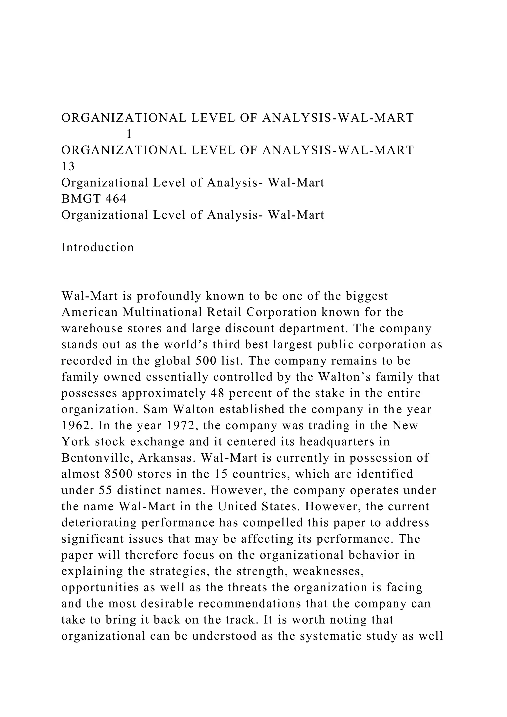 ORGANIZATIONAL LEVEL OF ANALYSIS-WAL-MART .docx | Business ...