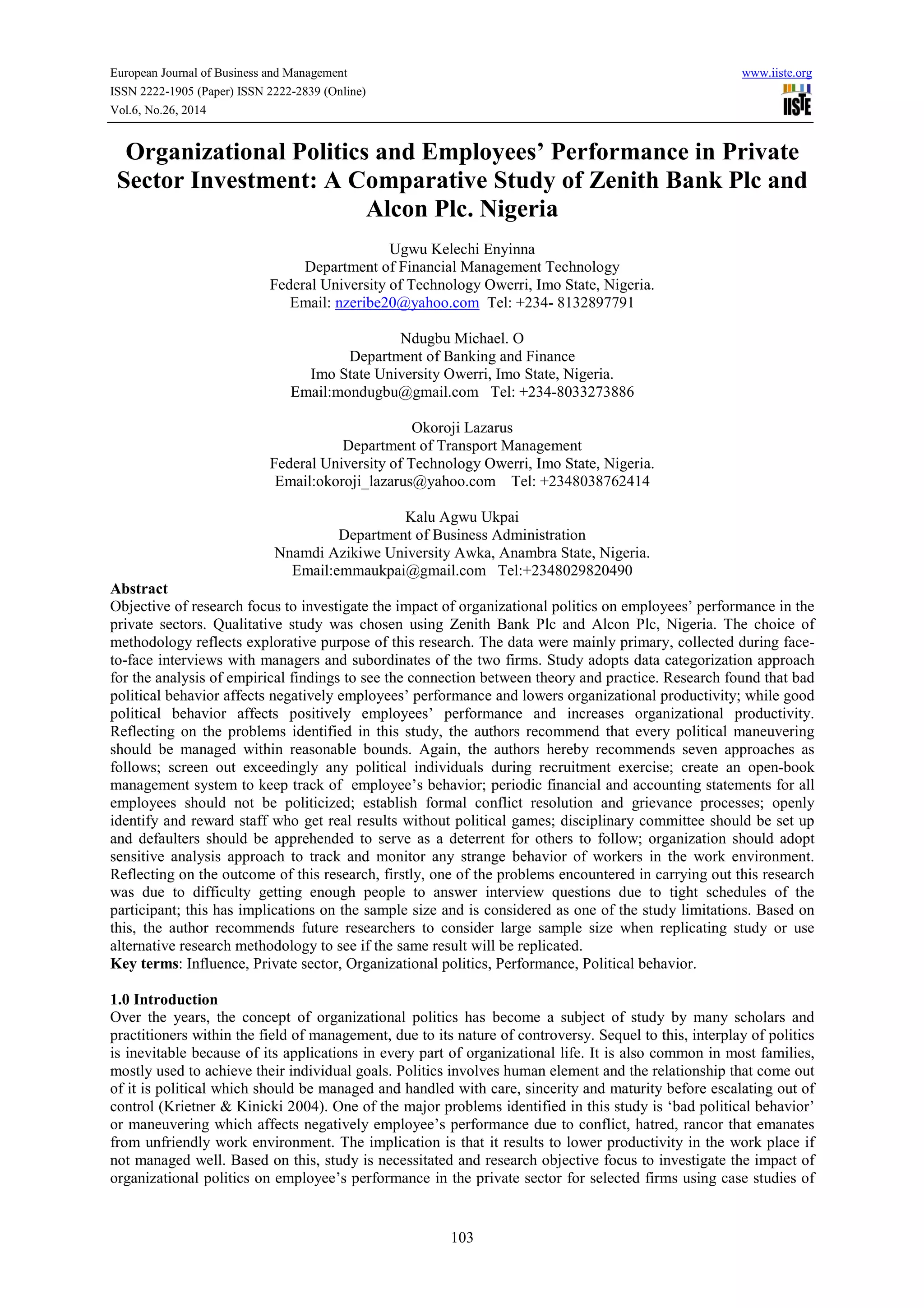 Organizational politics and employees’ performance in private | PDF