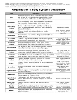 Body Systems Vocabulary Words