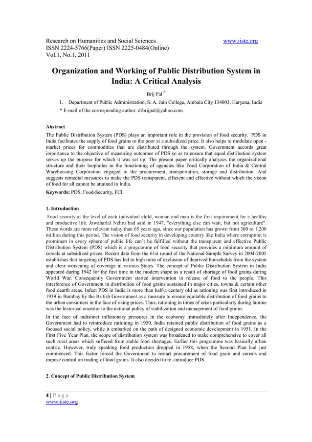 Organization and working of public distribution system in india a ...