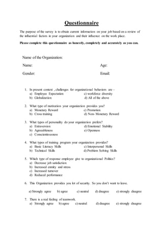 Organization behaiours questionnaire | DOCX | Business | Business and ...