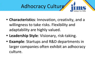ORGANIZATION CULTURE, IT INLUDES MEANING, FEATURES, TYPES | PDF
