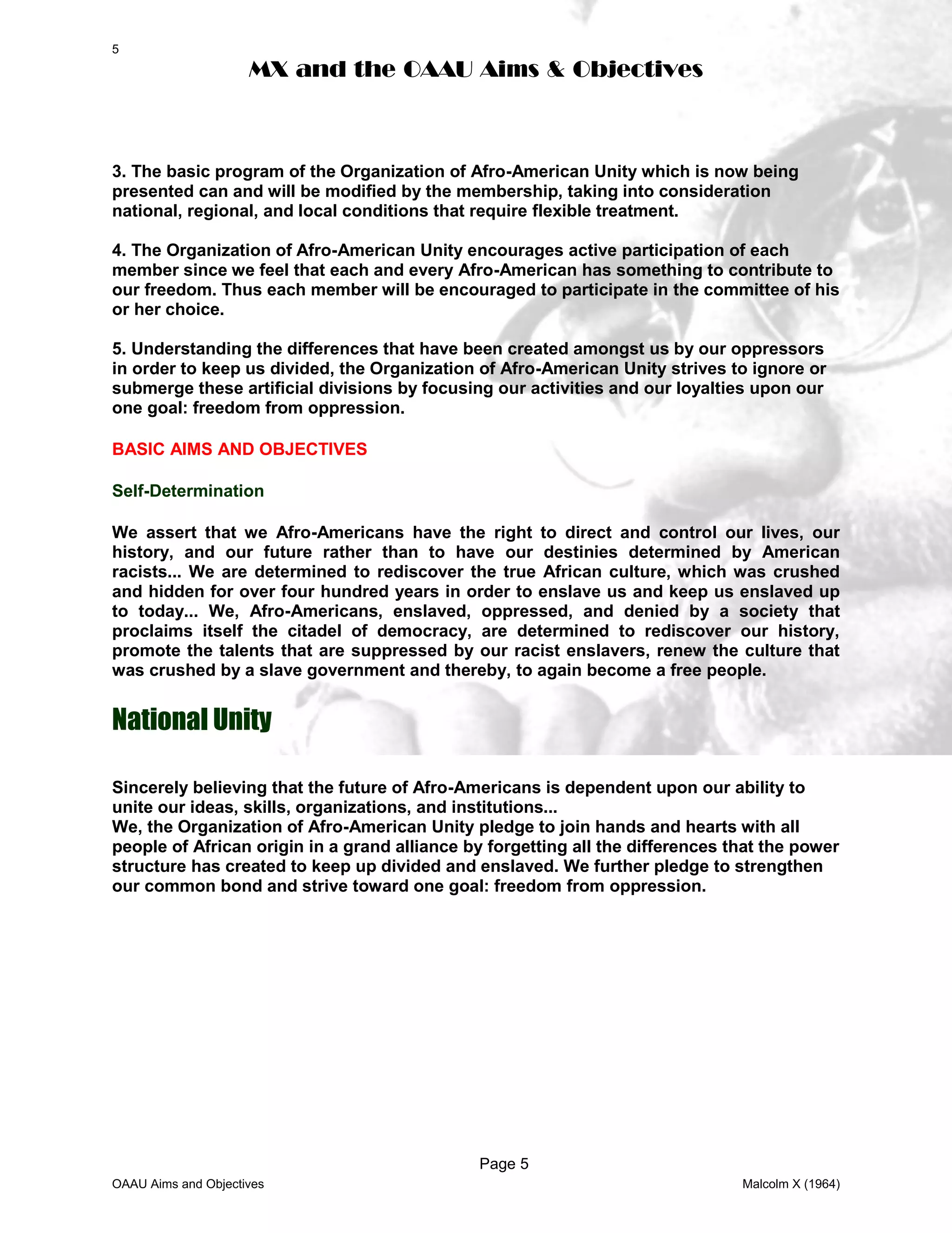 Organization of Afro-American Unity: MX and the OAAU Aims & Objectives ...