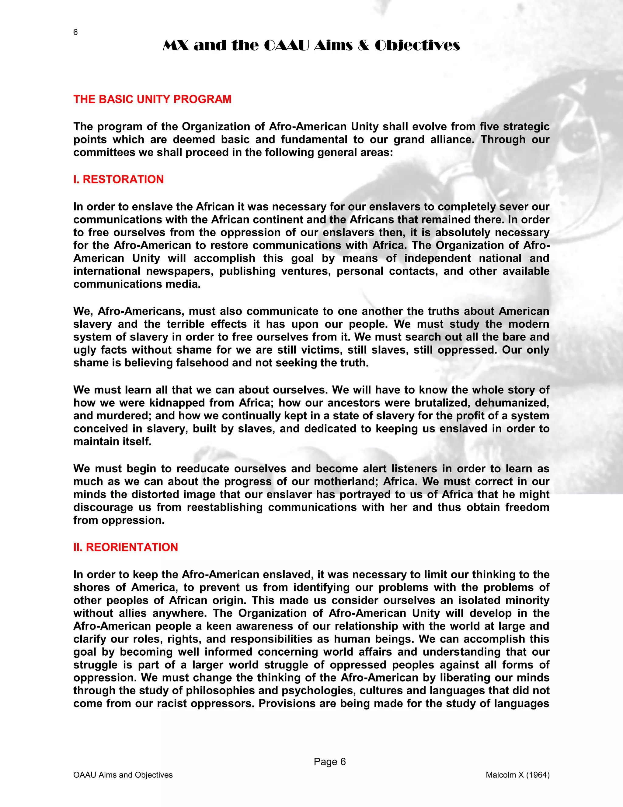 Organization of Afro-American Unity: MX and the OAAU Aims & Objectives ...