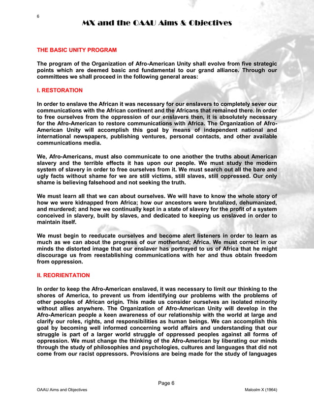 Organization of Afro-American Unity: MX and the OAAU Aims & Objectives ...