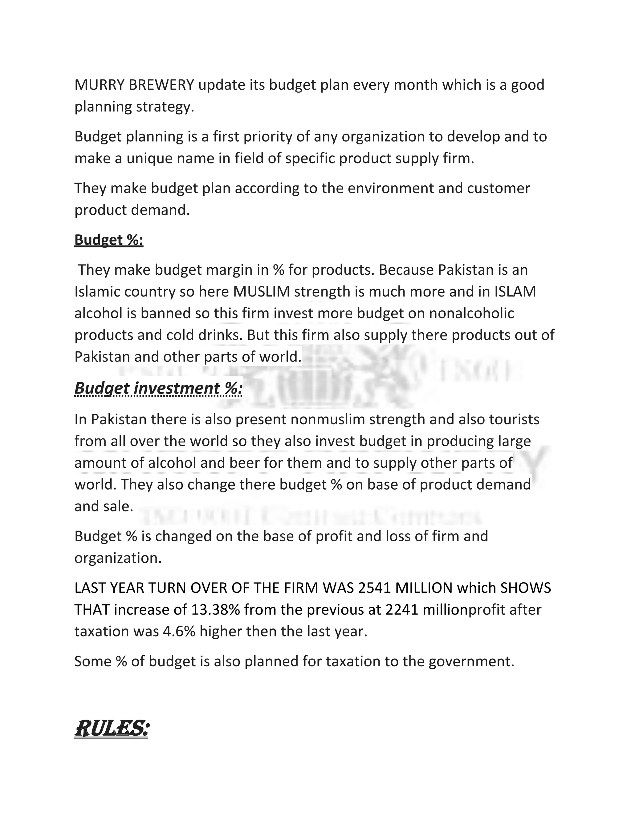 Organization plan of murree brewery | DOCX