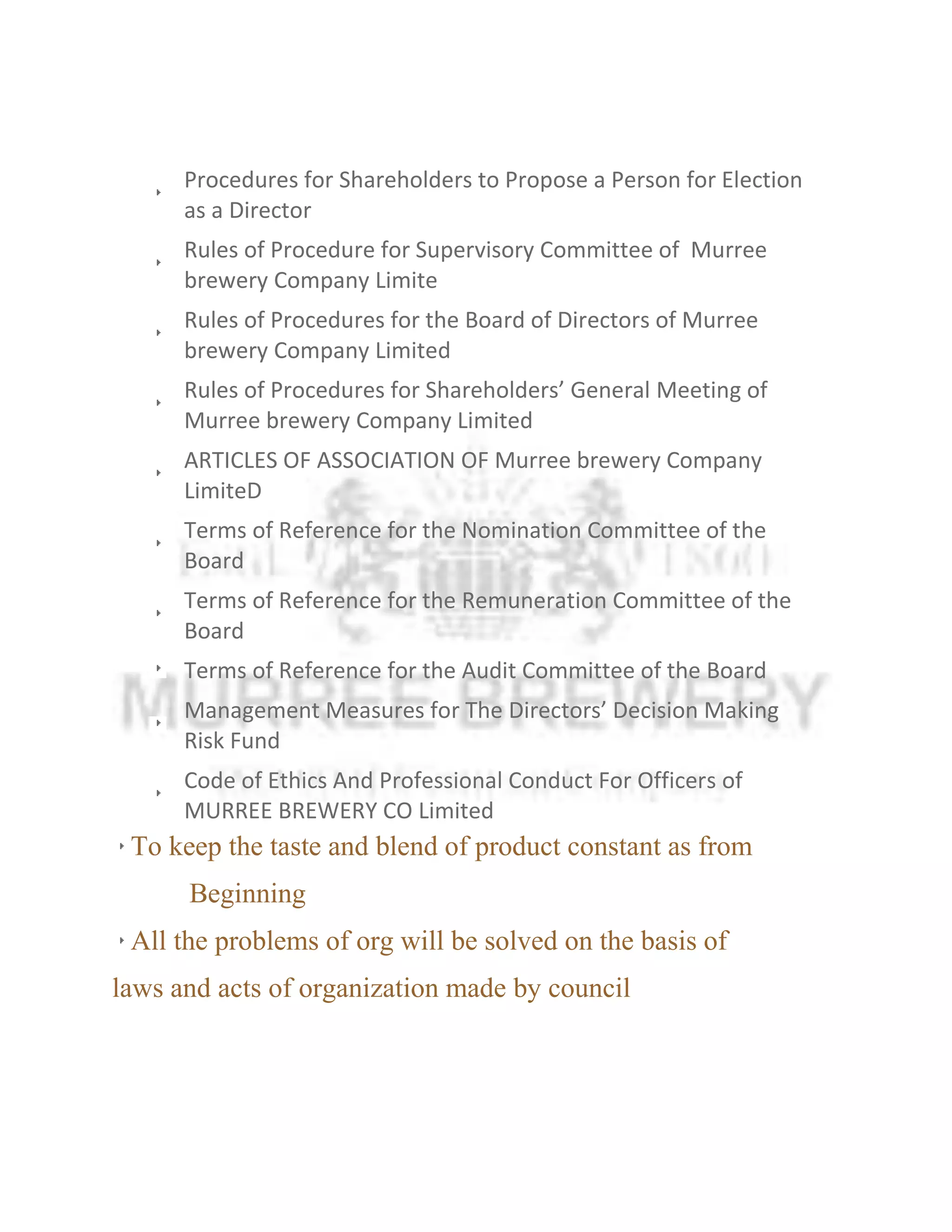 Organization plan of murree brewery | DOCX