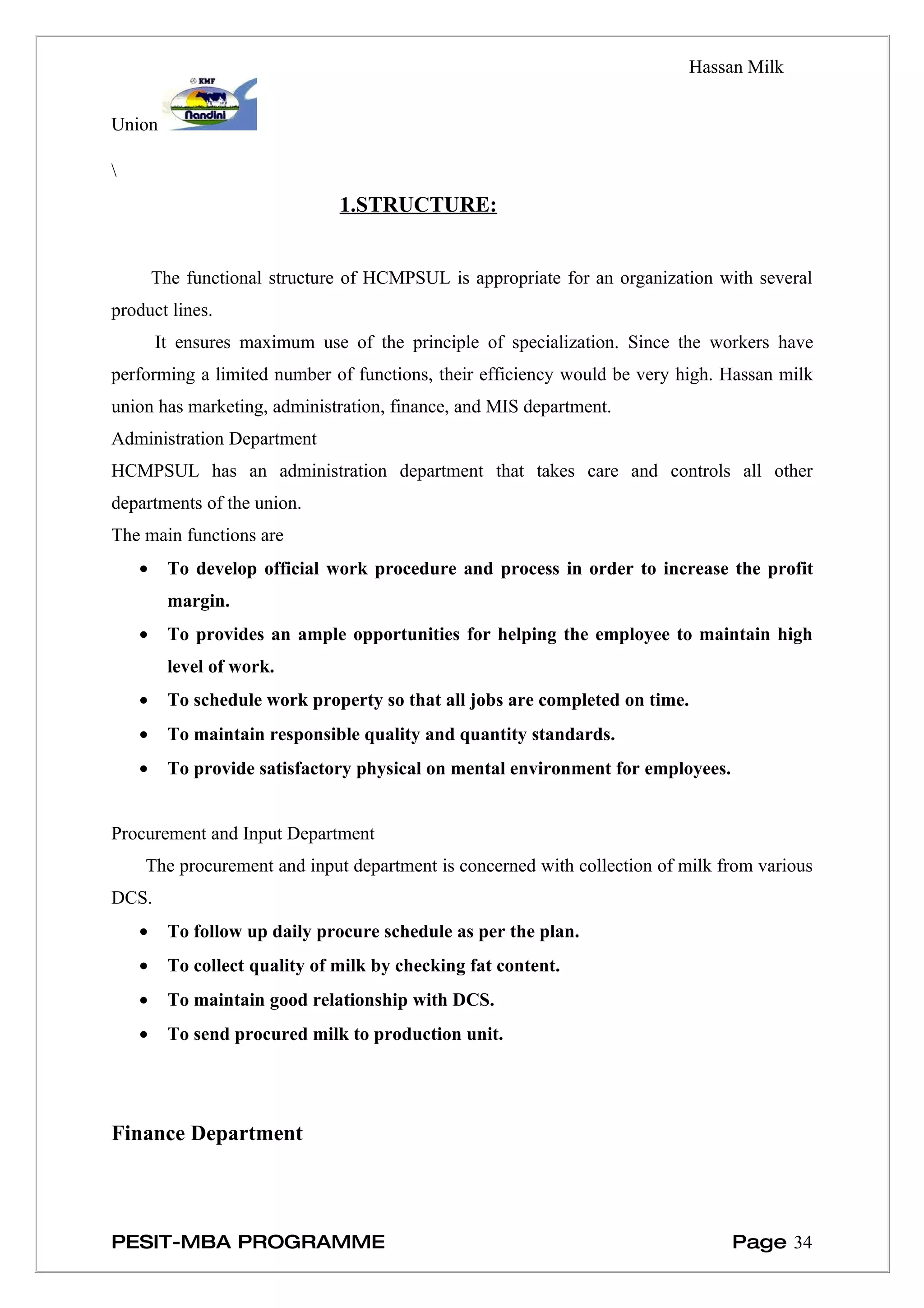 Organization study in kmf, hassan | DOC