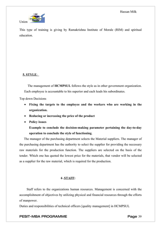 Organization study in kmf, hassan | DOC | Agriculture | Industries