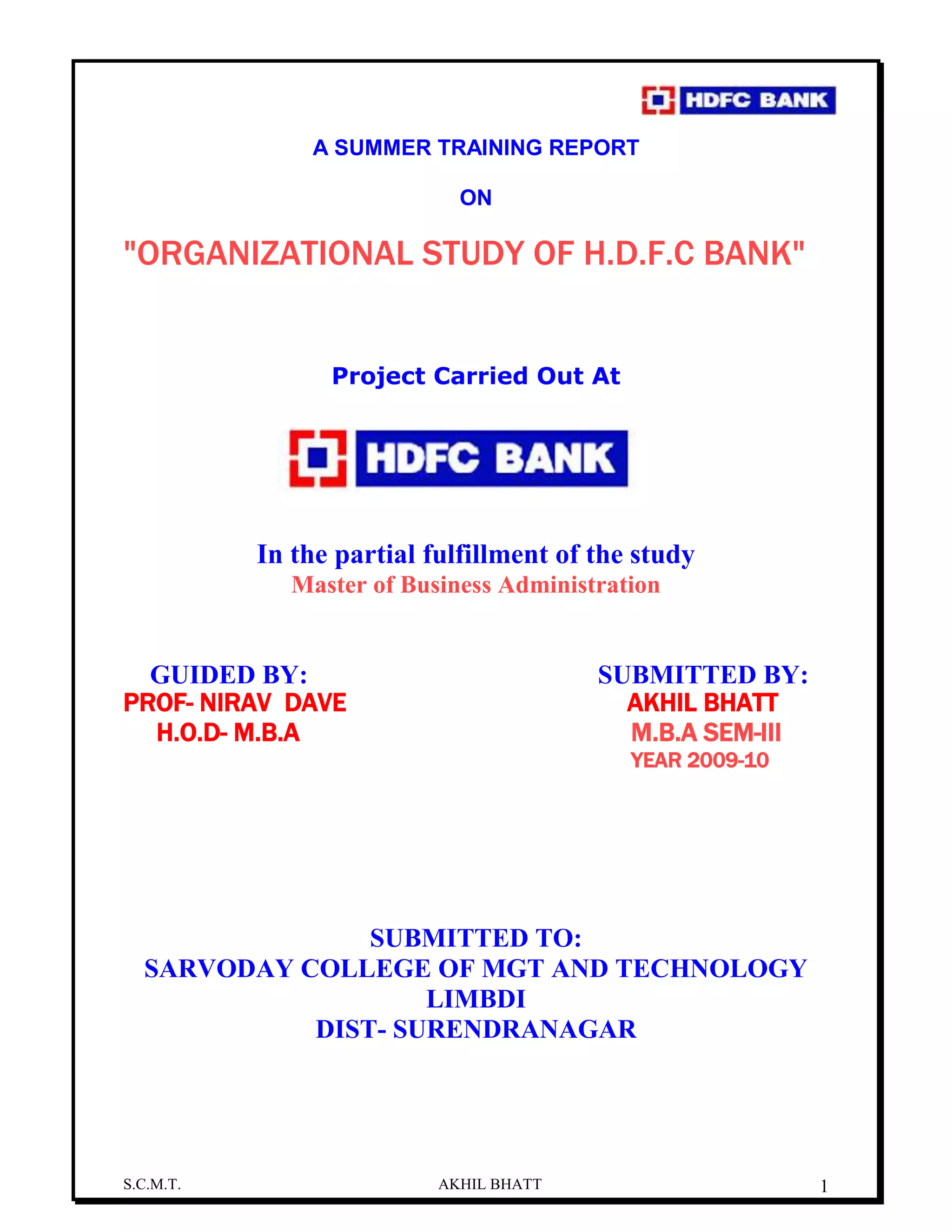 Organization study on hdfc bank | PDF