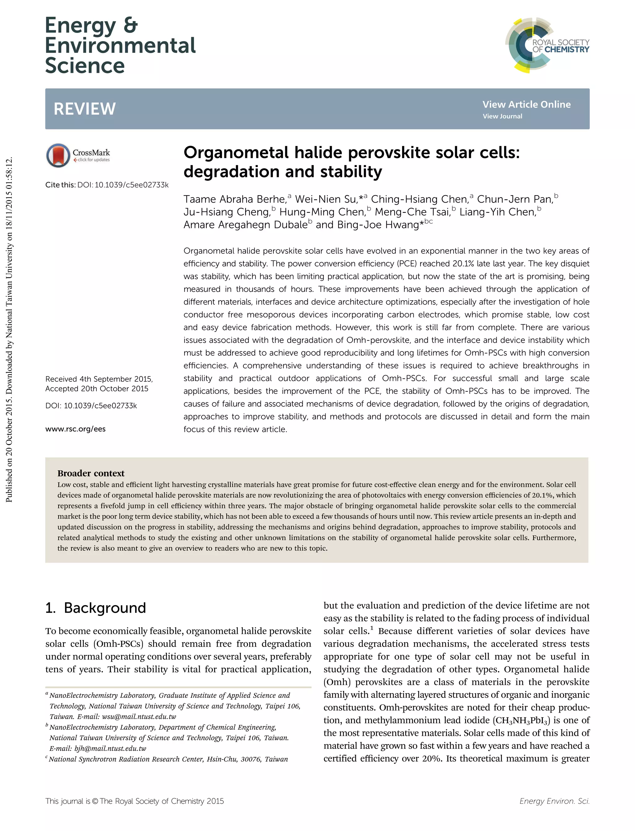 Organometal halide perovskite solar cells: Degradation and stability | PDF